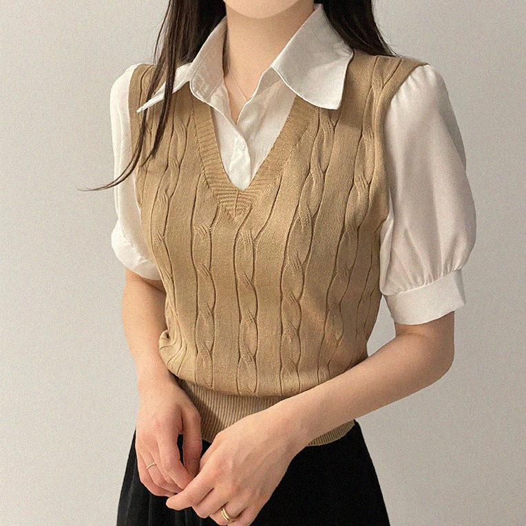 Vネック半袖シャツレイヤードニット3color | ファッション通販サイト NUGU