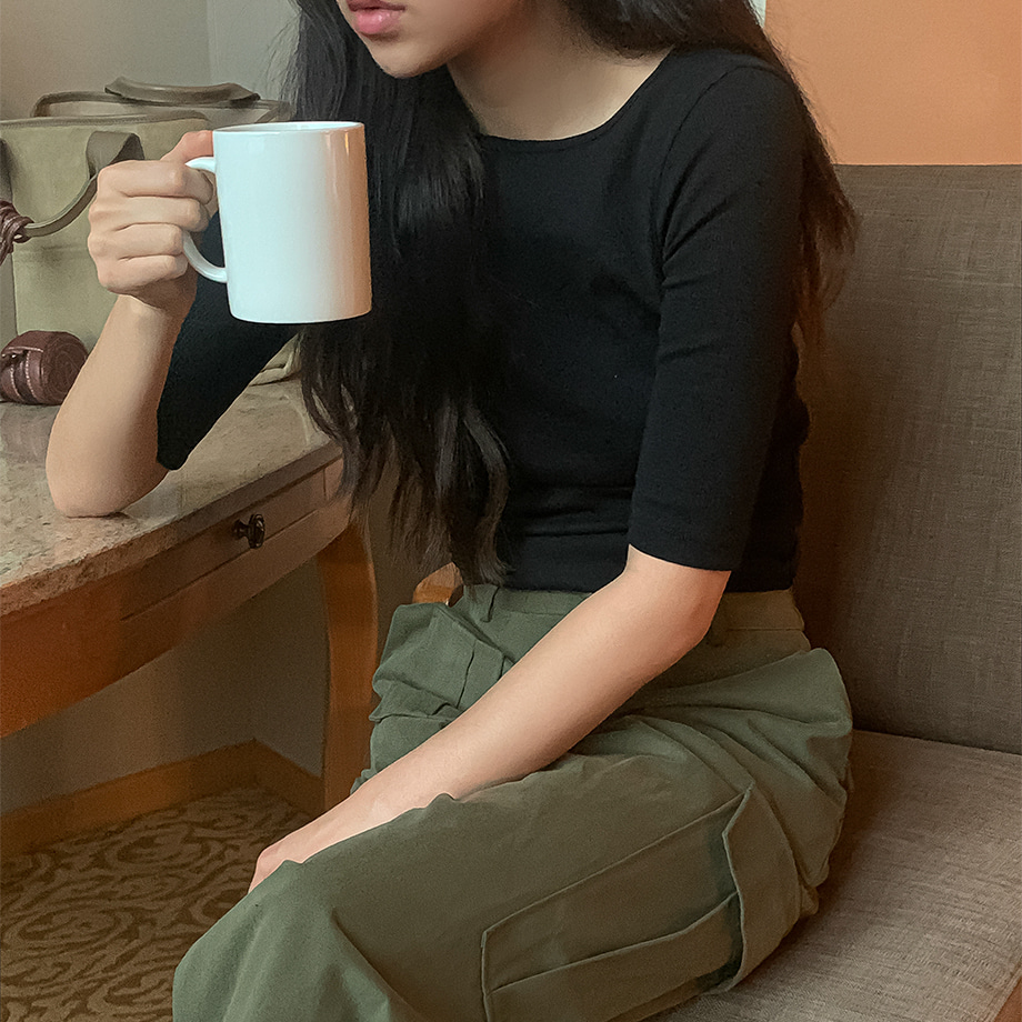 Uネックリブ5分丈半袖Tシャツ | ファッション通販サイト NUGU