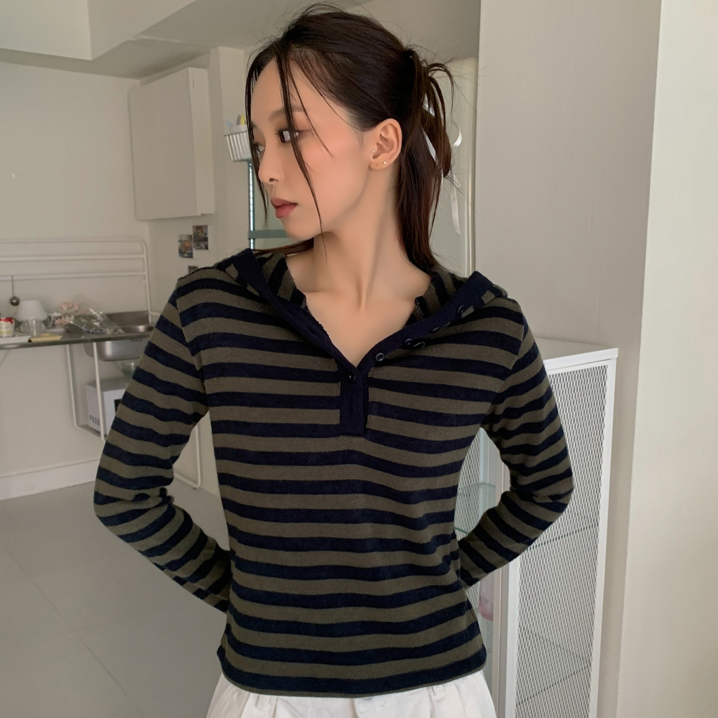 ボーダーフード付きTシャツ-2color | ファッション通販サイト NUGU