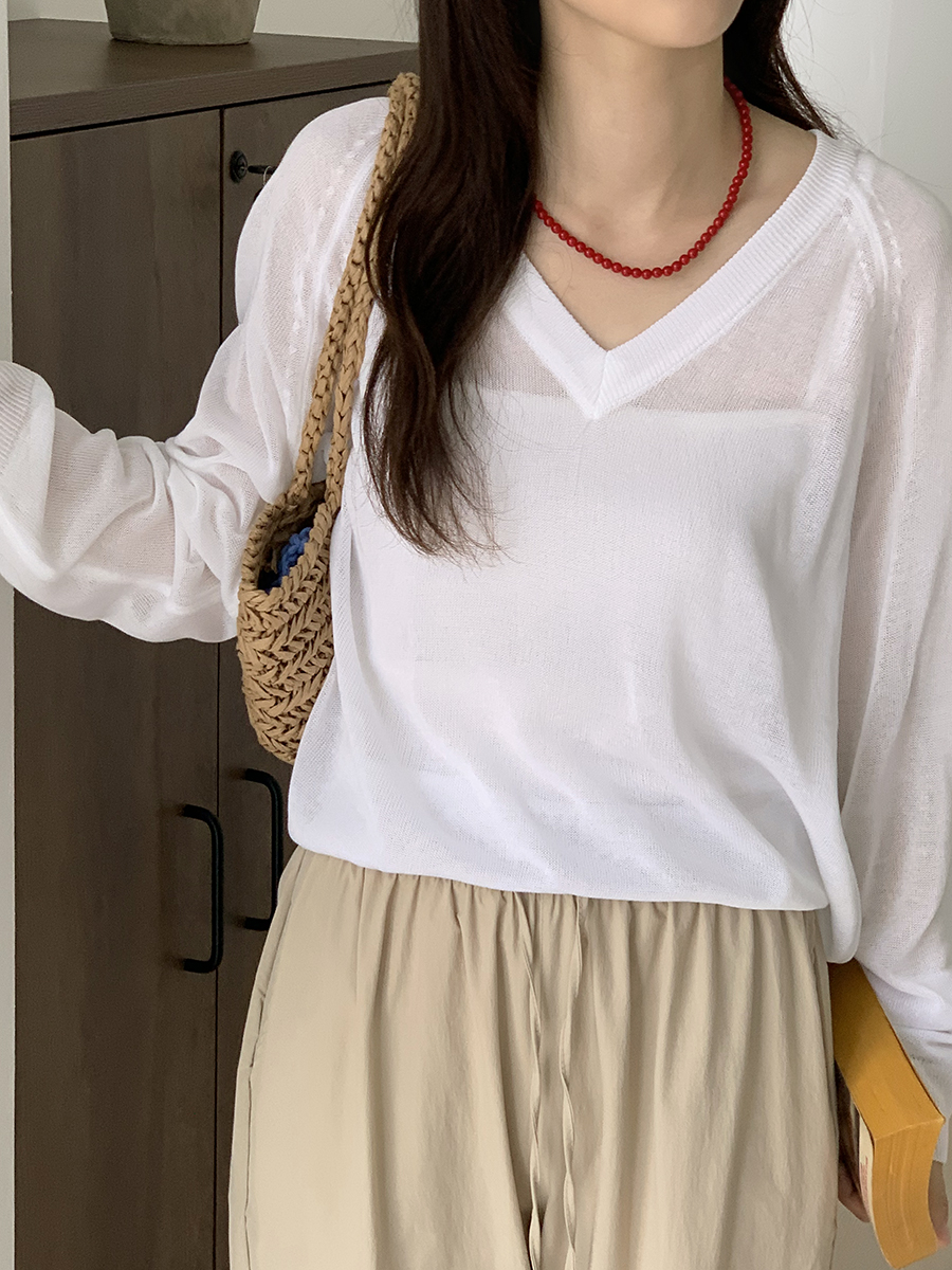 シースルーVネックルーズフィット夏長袖ニット4color | ファッション通販サイト NUGU