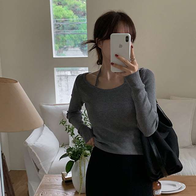 [7color]ホルターネックストラップUネックリブ長袖ニット | ファッション通販サイト NUGU