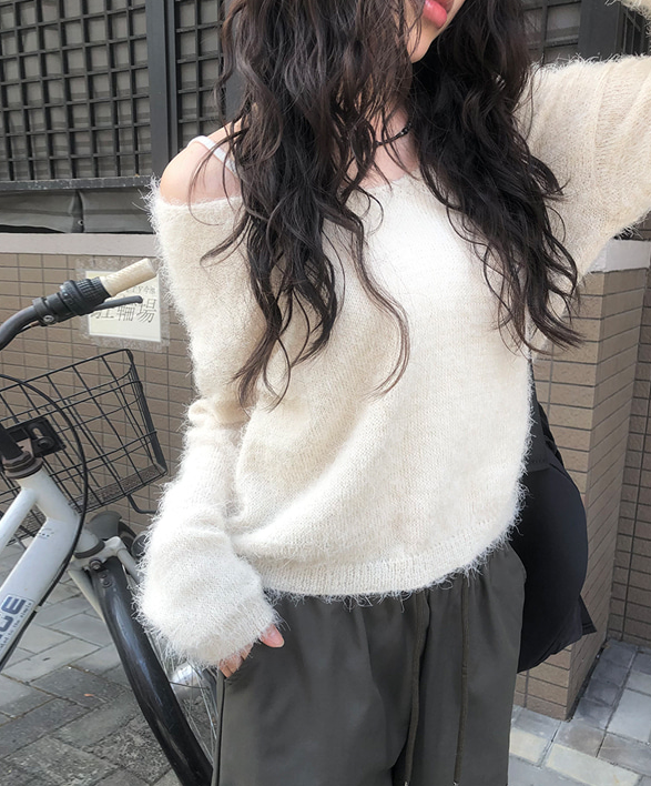 バックリボンアンゴラ風Vネックシャギーニット (2color) | ファッション通販サイト NUGU